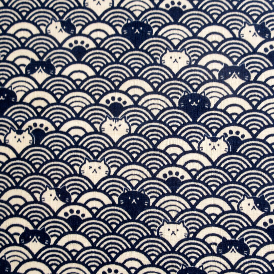 Cat Fabric, Cotton DOBBY, Fuku Wave Cats in Navy Blue, Japanese Import ...