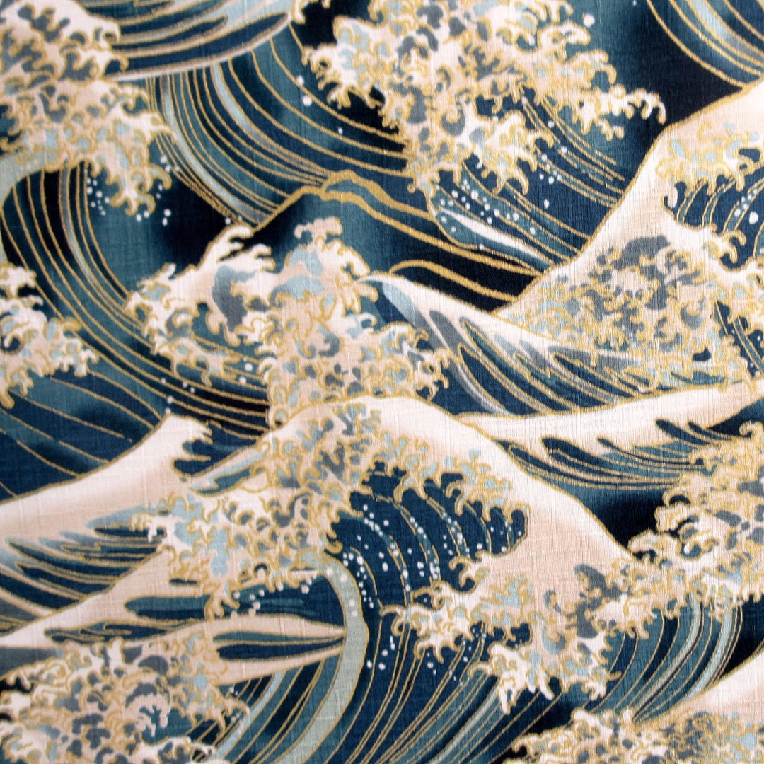 Ocean Wave Fabric, COTTON DOBBY, Tsunami Wave in Teal, Japanese Import ...