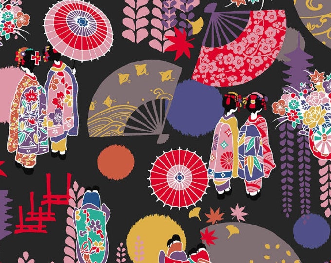 Geisha Fabric, Maiko Han on Black by Cosmo, Cotton Linen Sheeting, Last ...