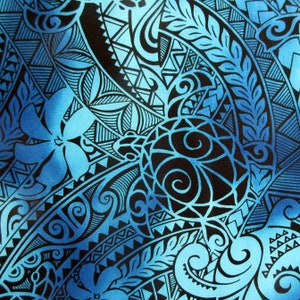 Turtle Fabric, Hawaii Honu Sea Turtle in Blue, Polynesian Tapa Tattoo ...