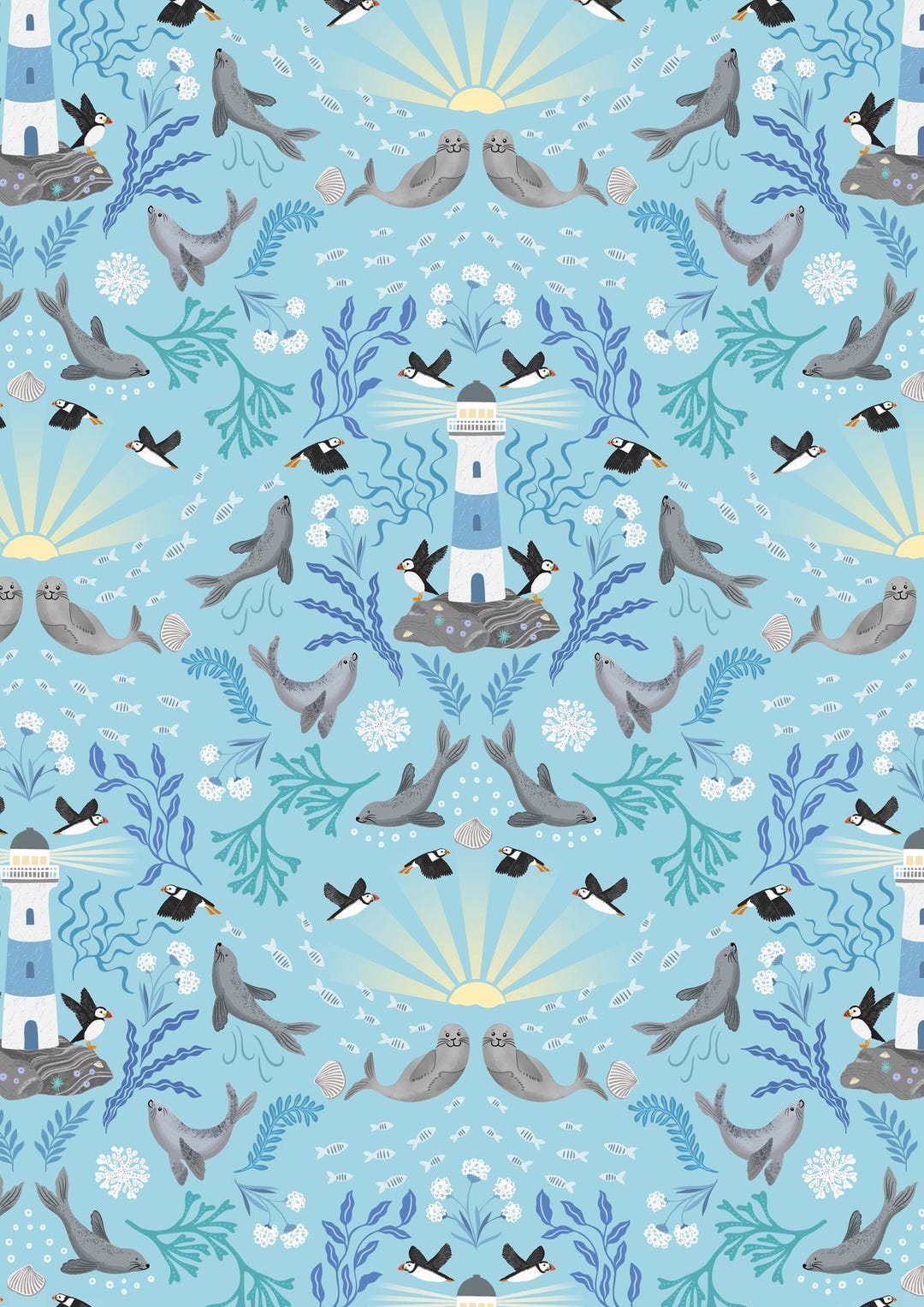 Lighthouse Fabric, Lighthouse on Light Blue, Puffin Rock by Lewis and ...