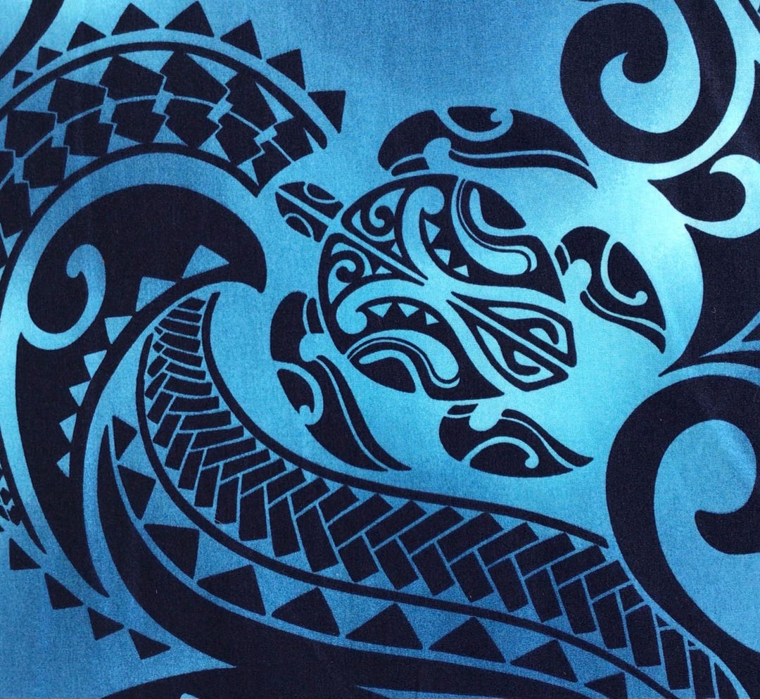 Turtle Fabric, Hawaiian Honu Sea Turtle Tattoo in Blue, Polynesian Tapa ...