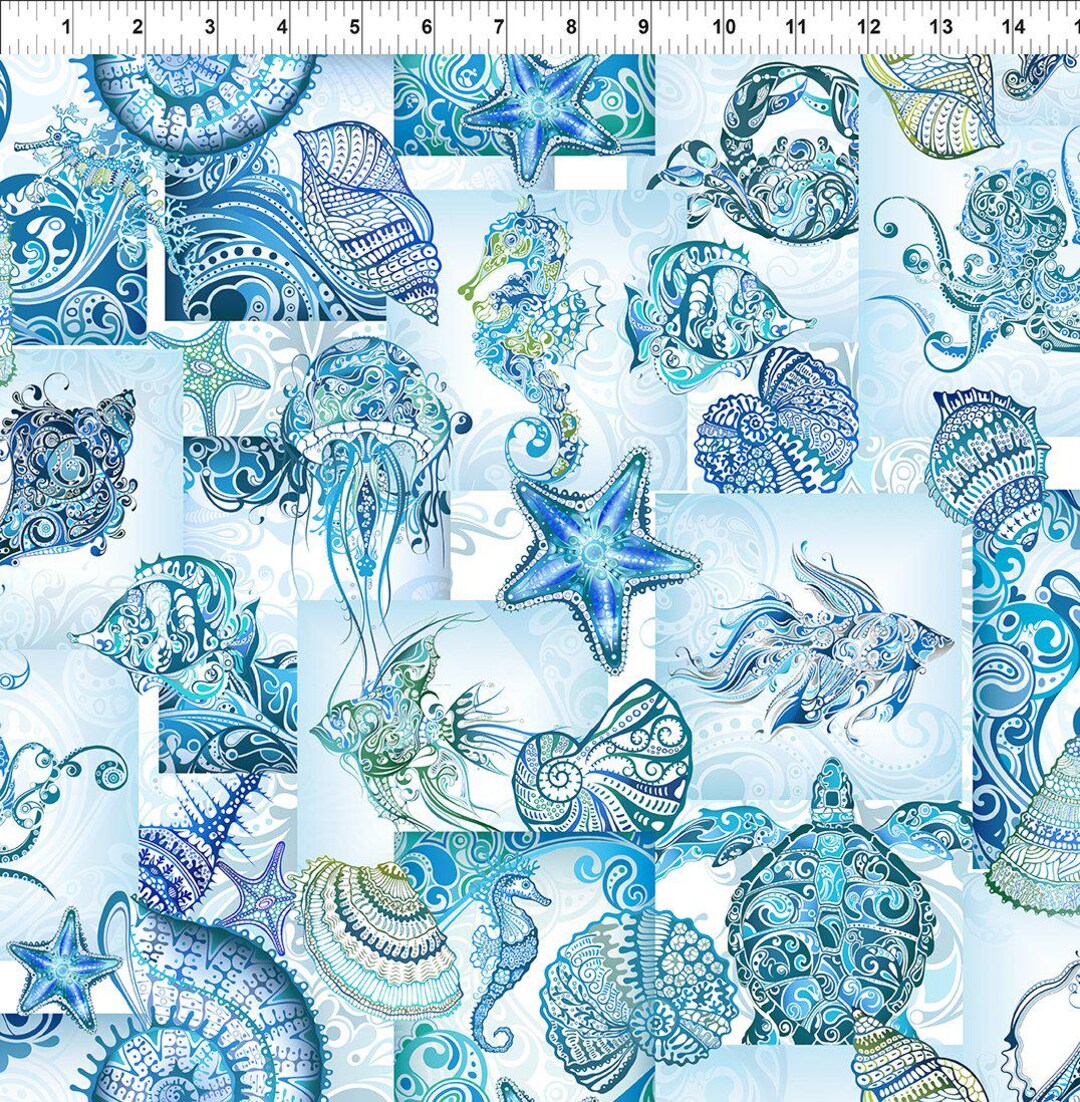 Fabric, Sea Life Collage, Wonders of the Ocean by in the Beginning, by ...