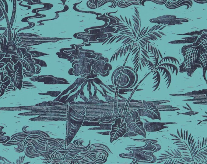 Polynesian Fabric, Volcano in Old Hawaii in Teal, Last One Yard - Etsy