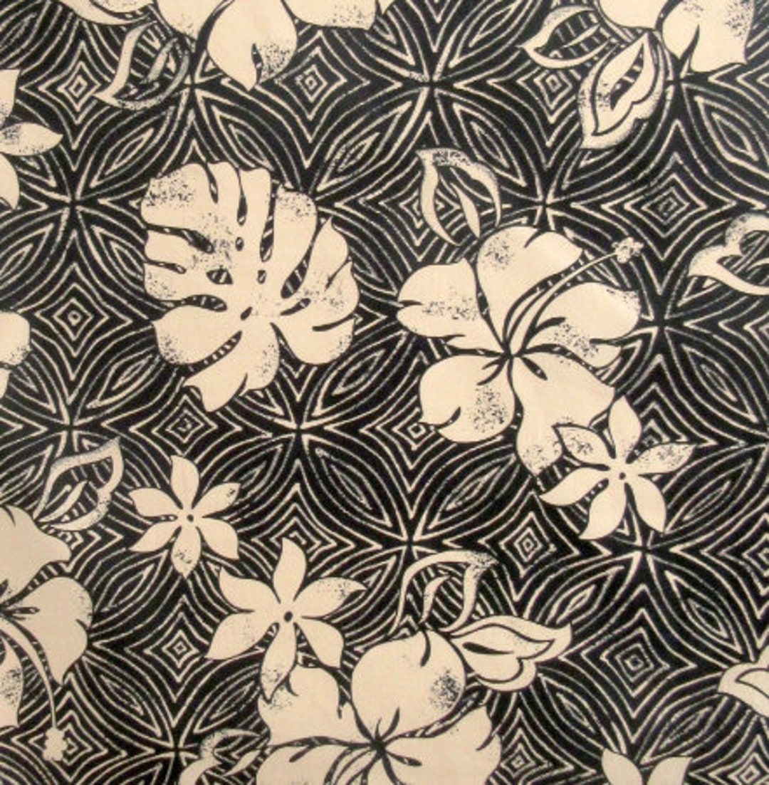 Hawaii Fabric, Windward Hibiscus Tapa in Khaki and Black, Last 21 ...