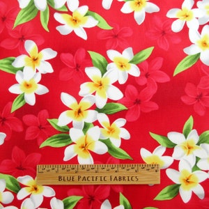 Fabric, Pacific Rim Plumeria on Christmas Red, Tropical Hawaiian, by ...