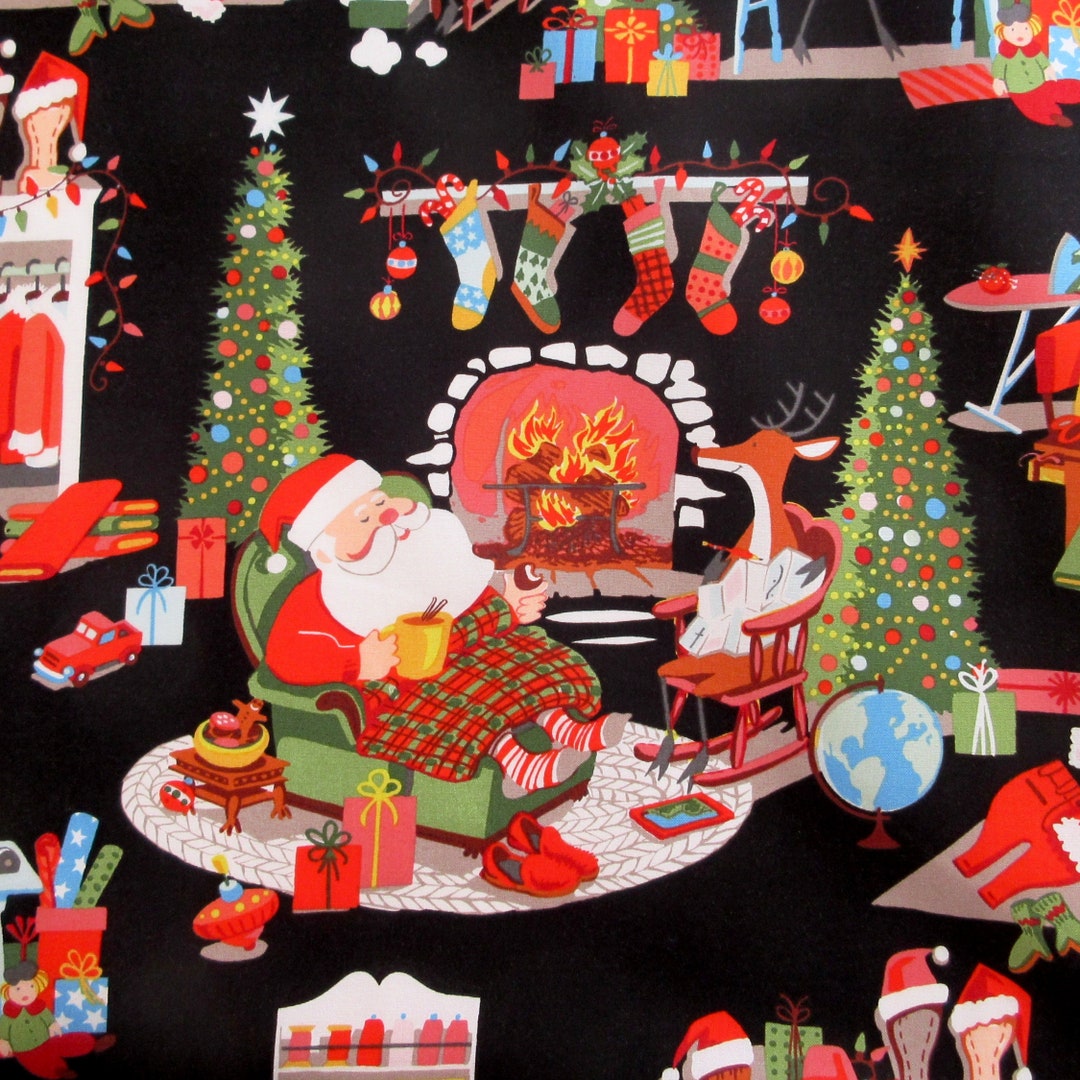 Christmas Fabric, Fireside Santa on Black by Alexander Henry, Last One ...