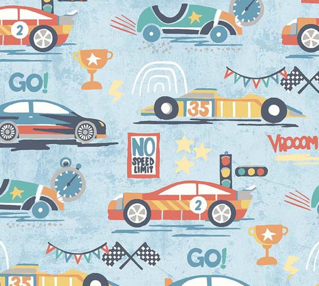 Race Car Fabric, High Speed on Blue, Vroom by Michael Miller, by the ...