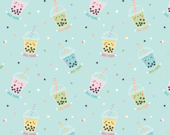 Boba Fabric Happy Boba Bubble Tea Blue by Clayvision Boba Tea Bubble ...