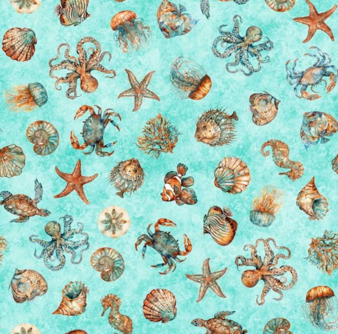 Ocean Life Fabric, Sea Creature Toss on Aqua, Atlantis by QT Fabrics ...