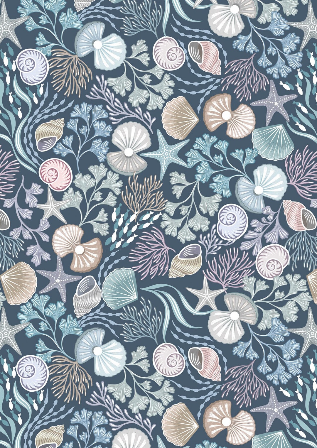 Sea Shell Fabric, Seashells and Pearls on Dark Blue, Ocean Pearls by ...