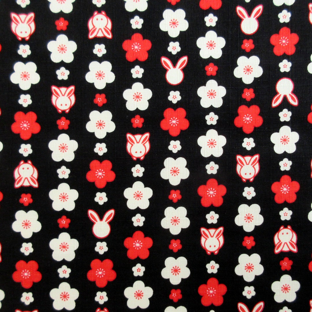 Rabbit Fabric, Cotton DOBBY, Fuku Rabbits in Black, Japanese Import, by ...