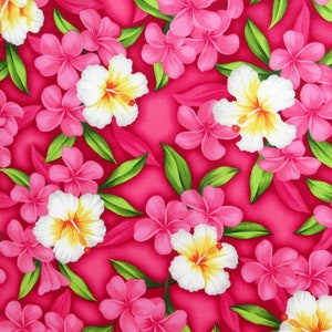 Fabric, Aloha Island Floral in Deep Pink, Tropical Hawaiian, by the ...