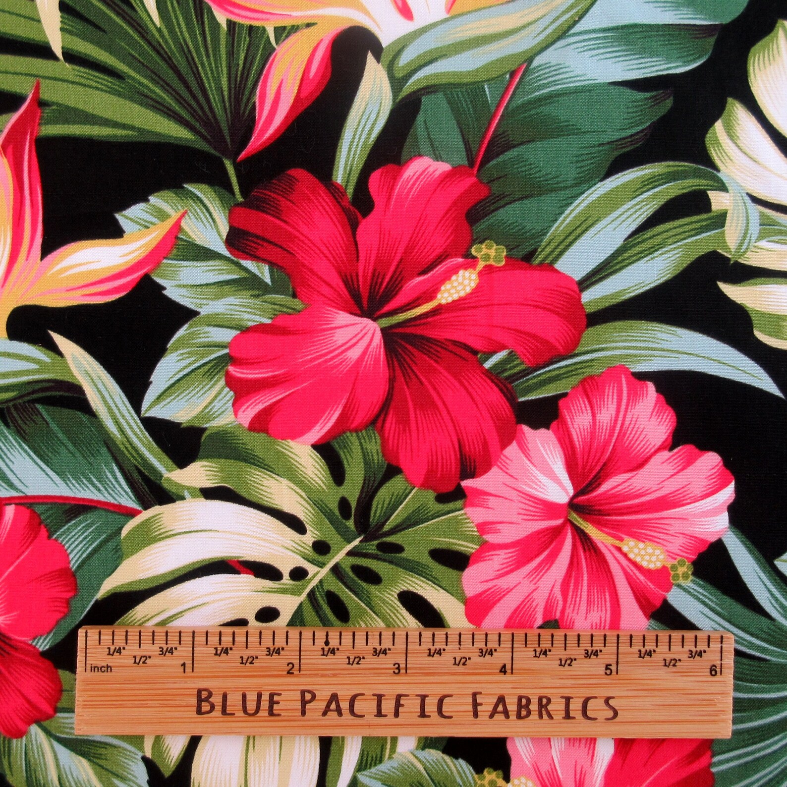 Fabric Red Hibiscus Garden on Black Tropical Hawaii by the | Etsy