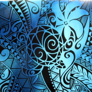 Turtle Fabric, Hawaii Honu Sea Turtle in Blue, Polynesian Tapa Tattoo ...