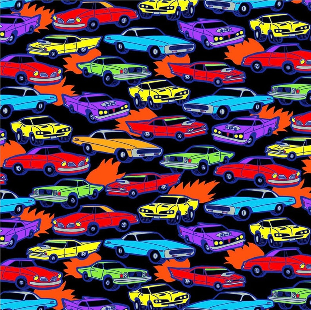 SALE Fabric, Bright Race Cars on Black by Timeless Treasures, Last One ...
