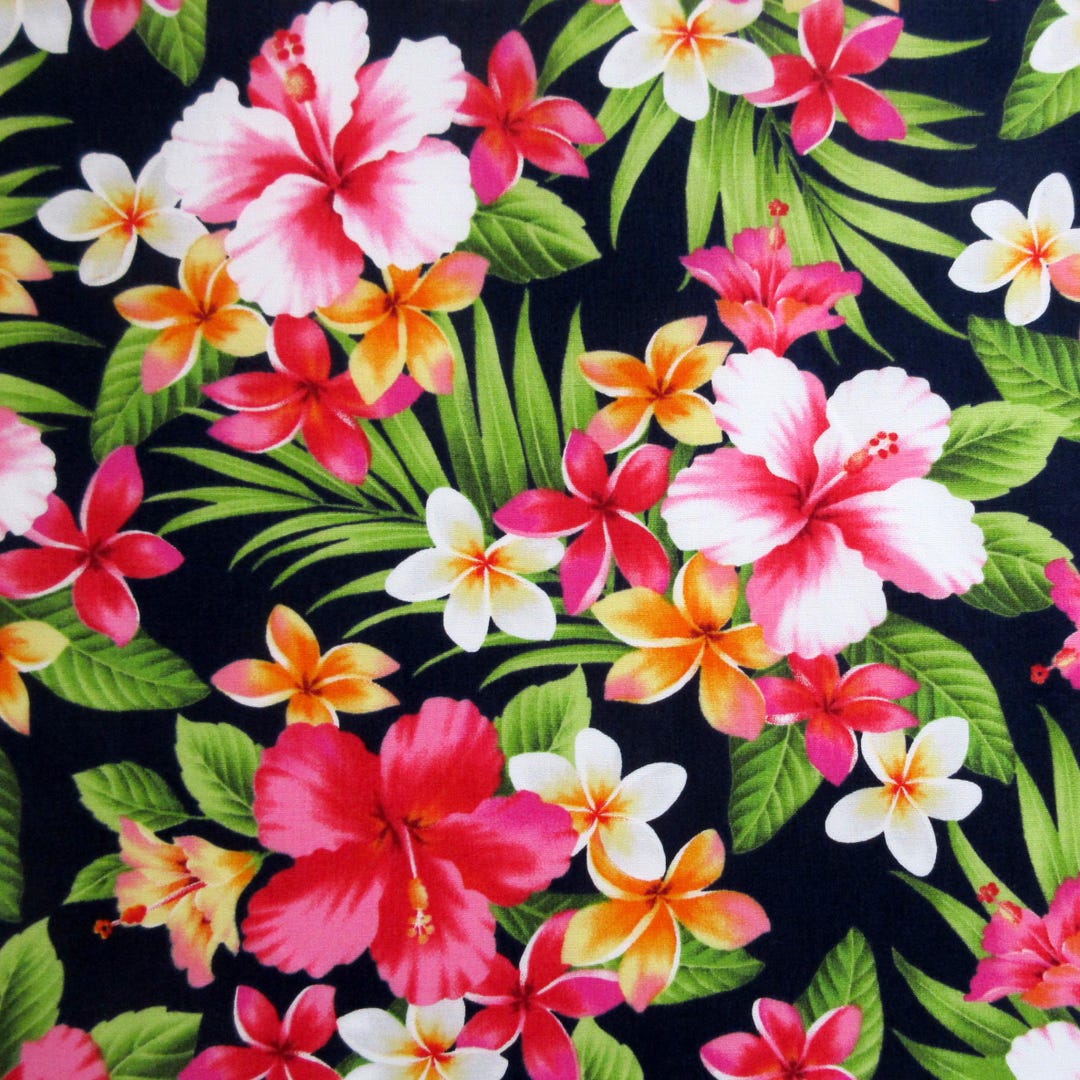 Hawaiian Fabric, Luau Paradise Floral on Navy, by the Half or Full Yard ...