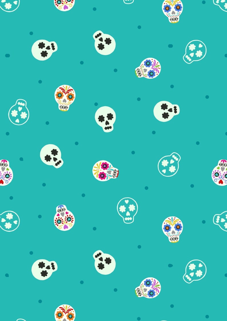 SALE Fabric, Sugar Skulls on Turquoise, Glow in the Dark, Small Things ...