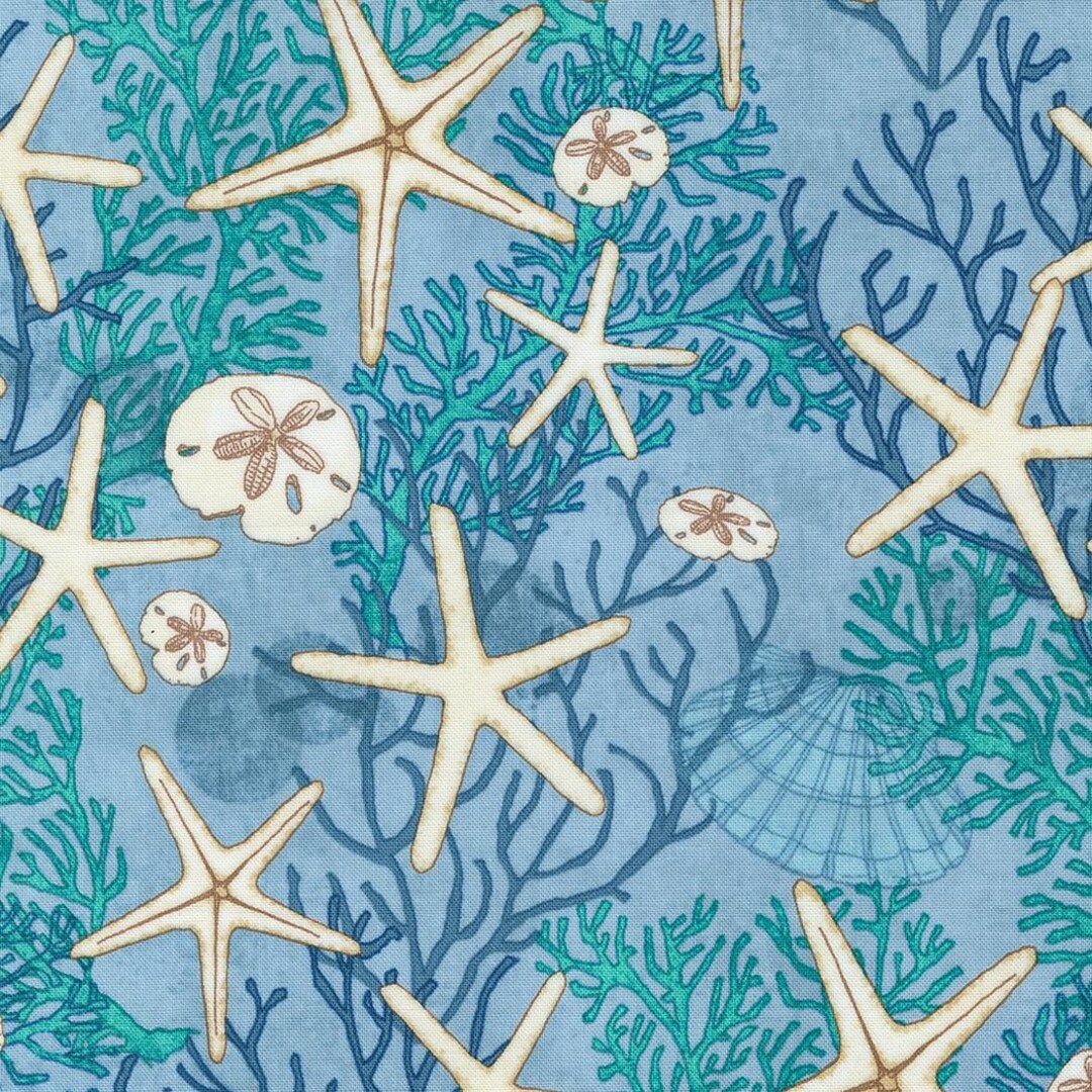 Coastal Fabric, Sea Stars and Sand Dollars on Blue, Serena Shores by ...
