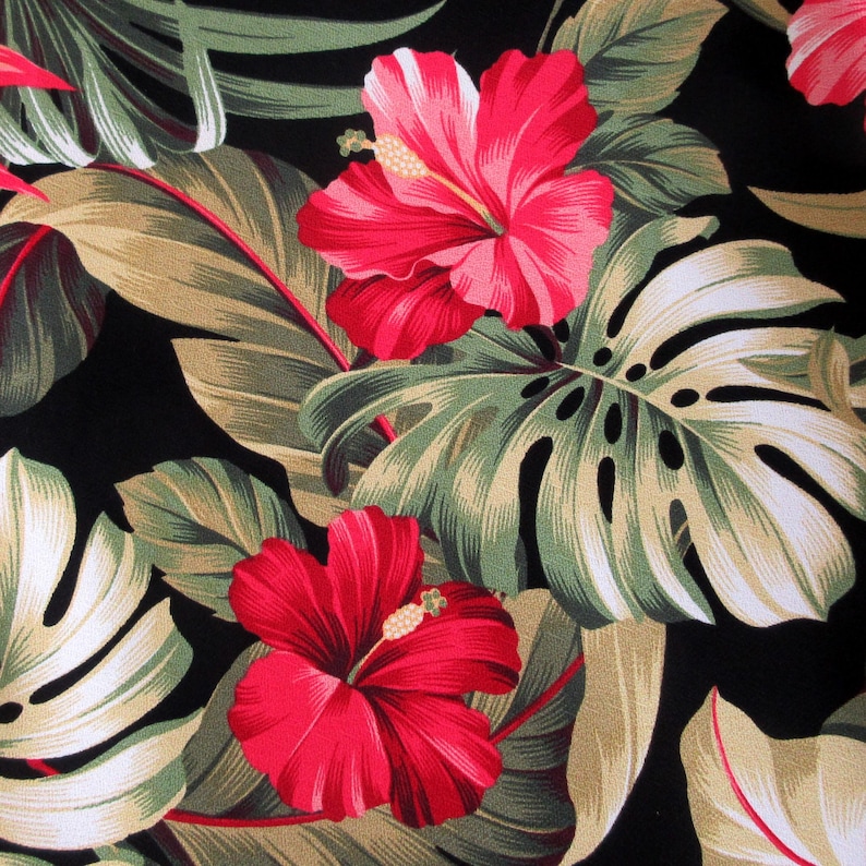 BARKCLOTH Fabric, Pua Hibiscus on Black, Large Scale Hawaii Tropical ...
