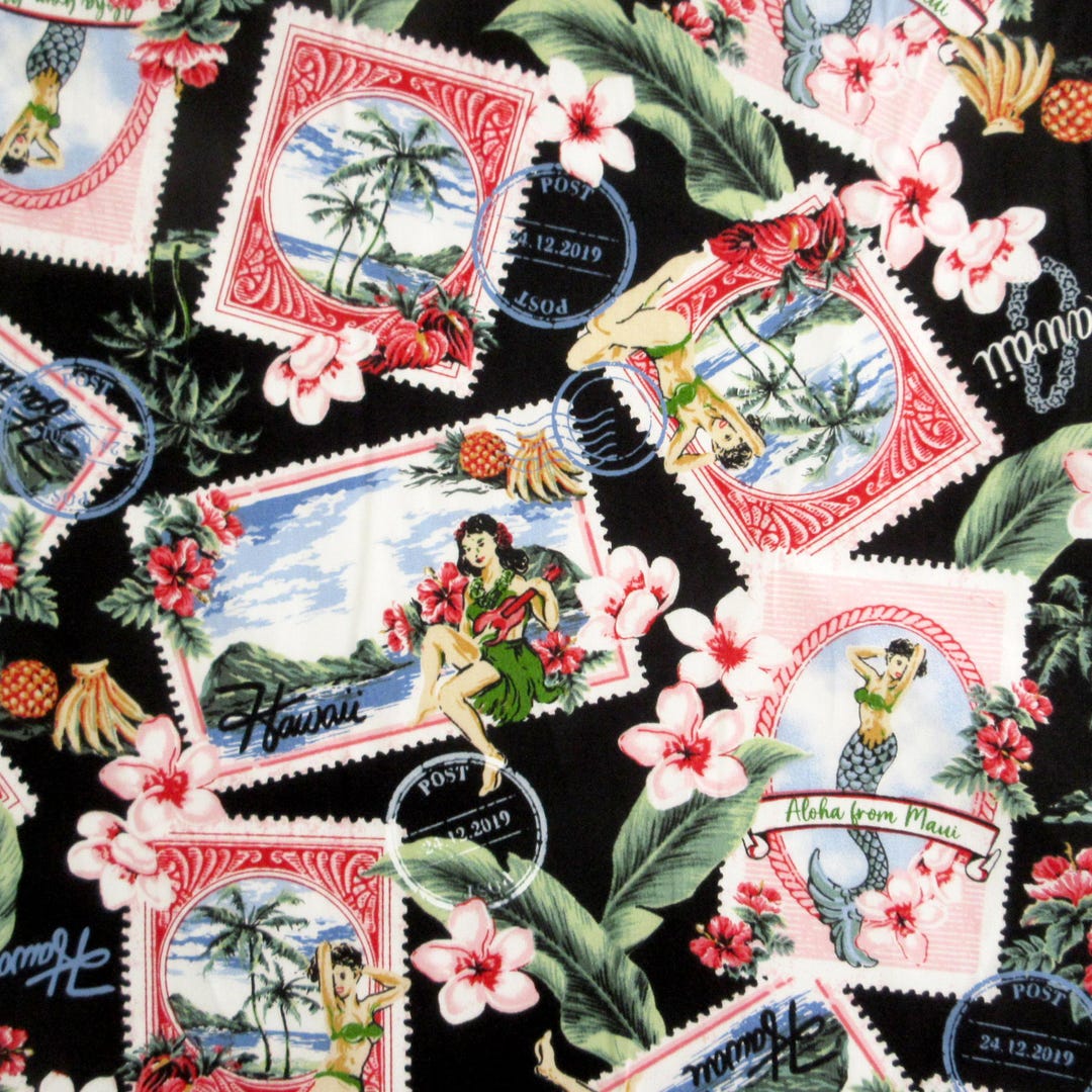 Hawaii Fabric, Aloha From Maui Stamps on Black, Last One Yard - Etsy