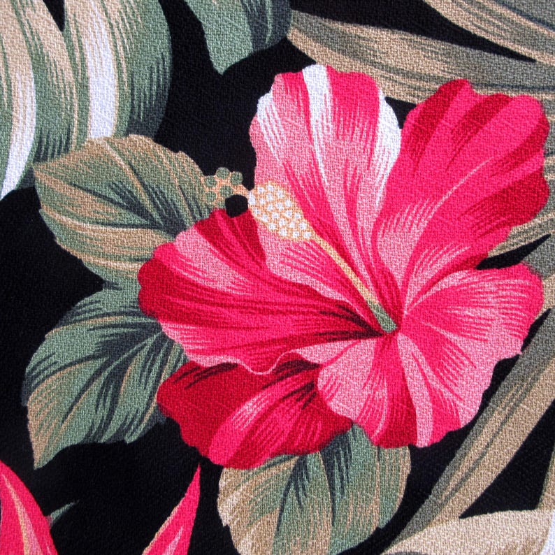 BARKCLOTH Fabric, Pua Hibiscus on Black, Large Scale Hawaii Tropical ...