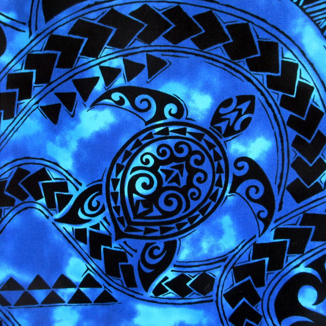 Turtle Fabric, Tattoo Sea Turtle in Blue, Hawaiian Polynesian Tapa ...