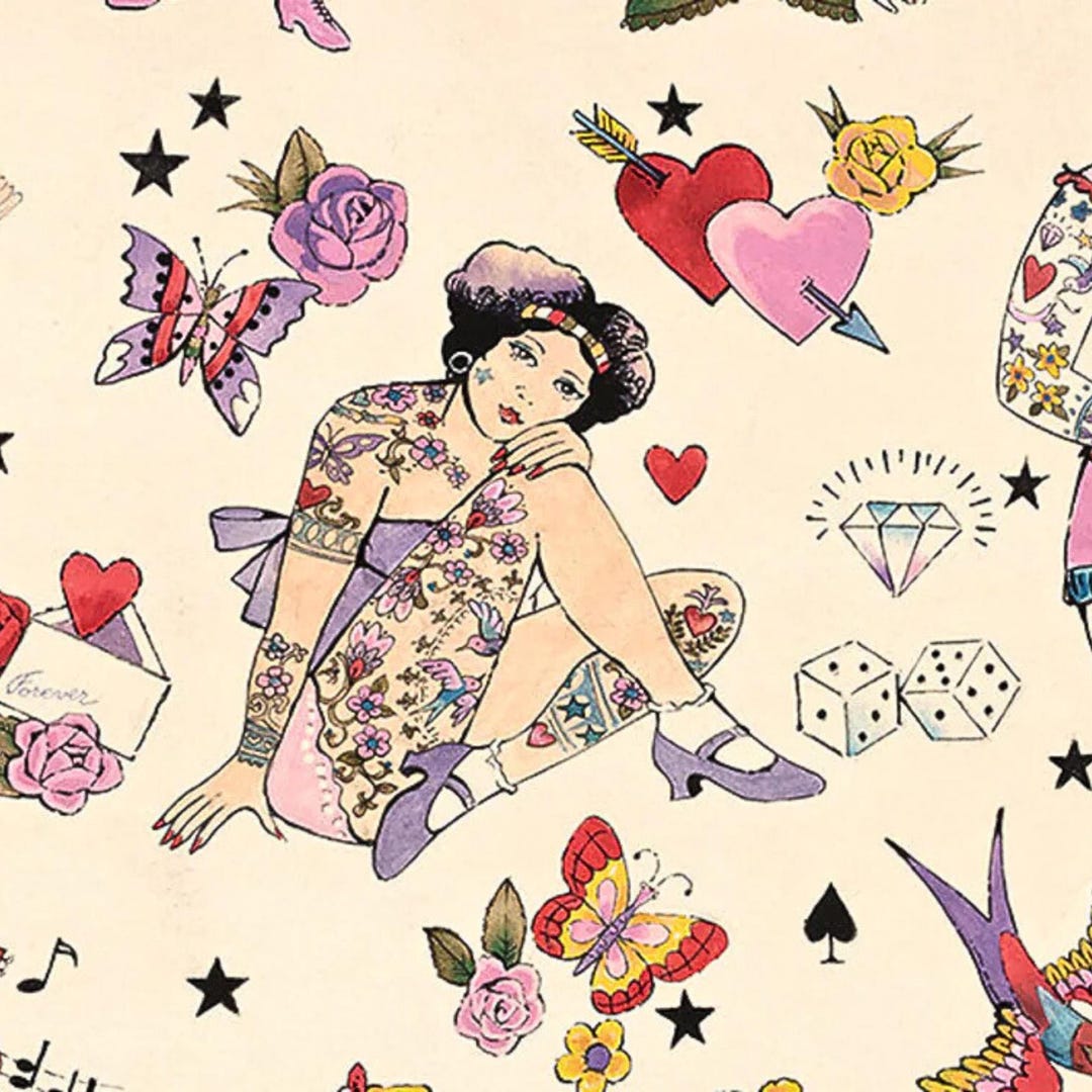 Tattoo Fabric, Pretty in Ink in Pink Tea by Alexander Henry, Last One ...