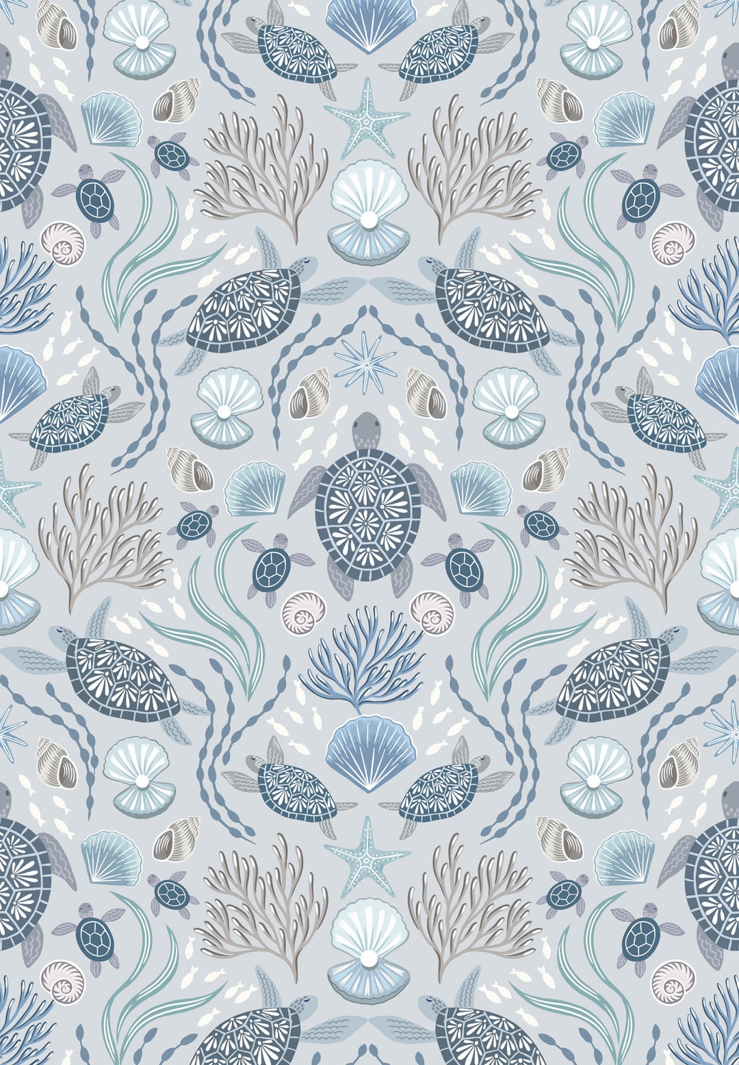 Sea Turtle Fabric, Sea Turtle Family on Light Mist With Pearl, Ocean ...