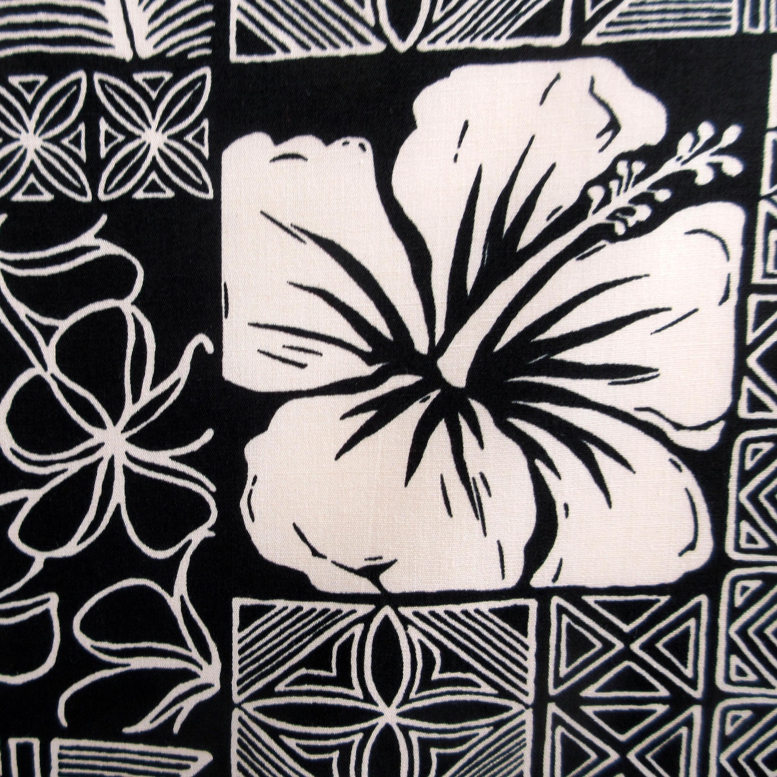Hawaiian Fabric, Polynesian Hibiscus Block Prints in Black, by the Half ...