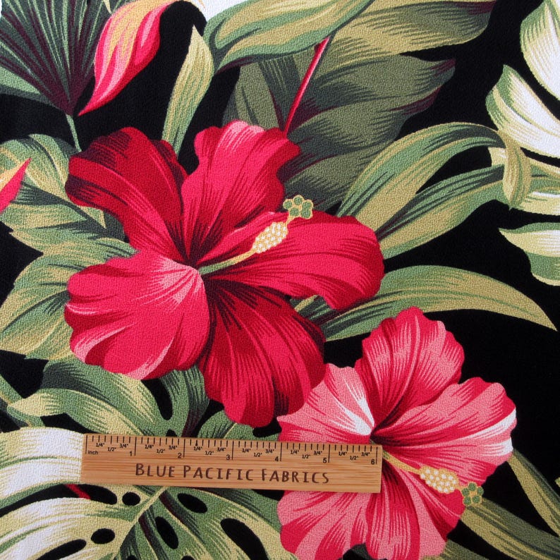 BARKCLOTH Fabric, Pua Hibiscus on Black, Large Scale Hawaii Tropical ...