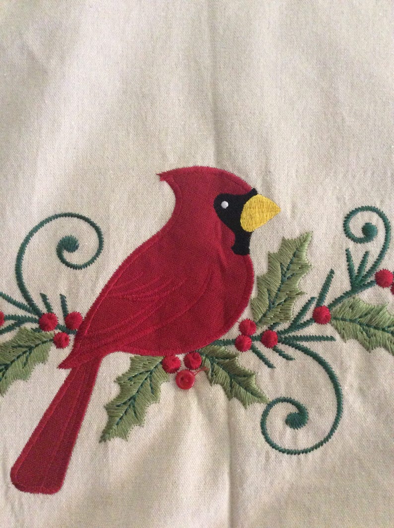 Large Burlap Applique Christmas Tree Skirt /embroidery Applica Birds ...