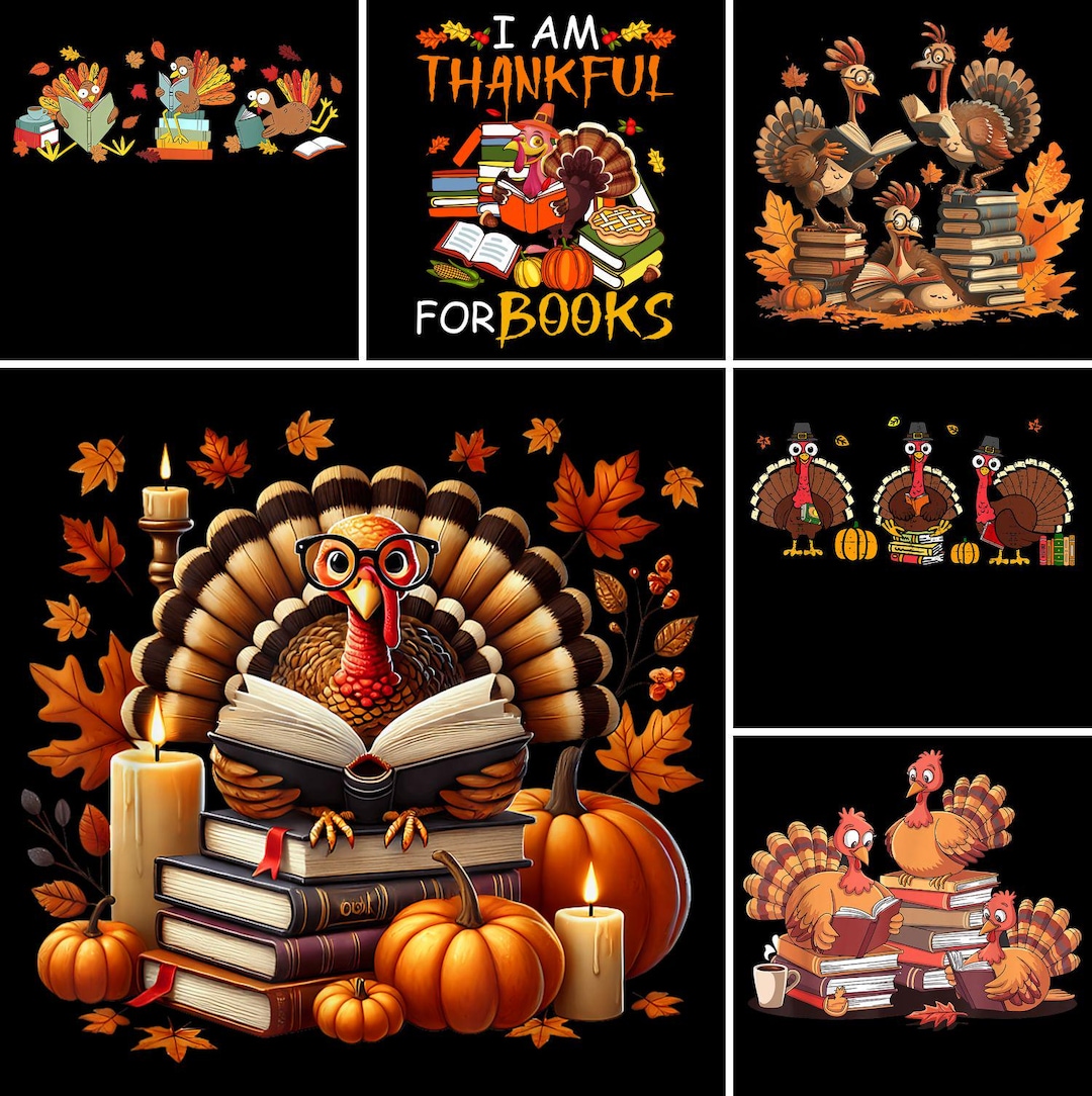 Turkey Reading Books Png,fall Thanksgiving Png Bundle,cute Turkey Book ...