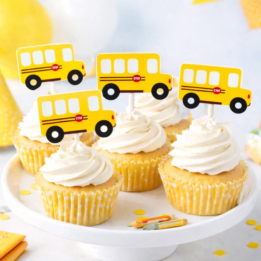 School Bus Cupcake Toppers School Bus Birthday School Bus Party School ...