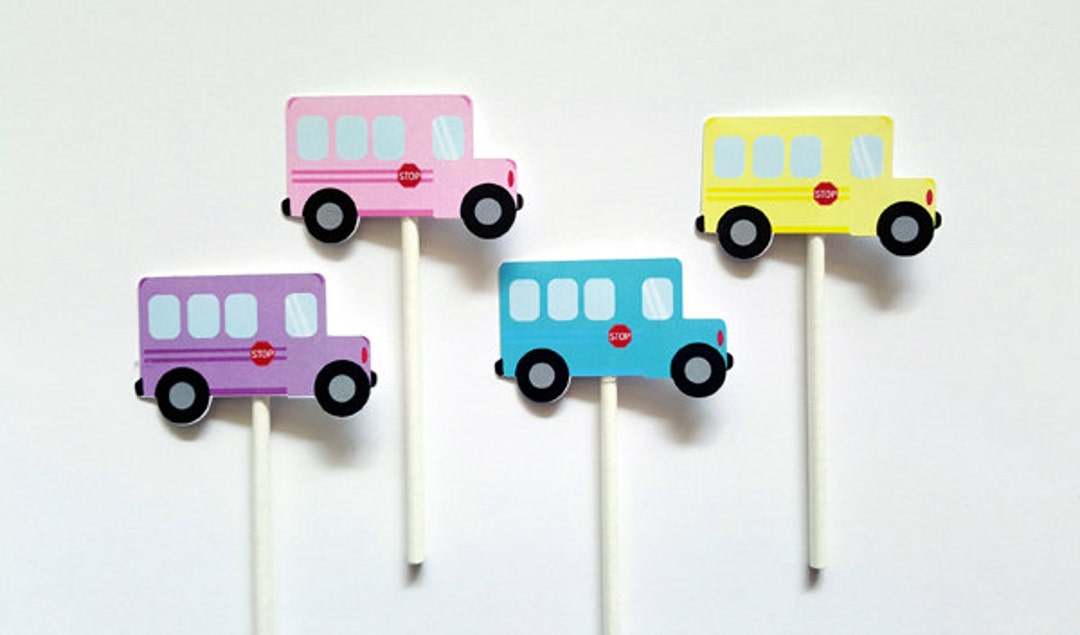 School Bus Cupcake Toppers - Colorful - Pink Bus, Purple Bus, Blue ...