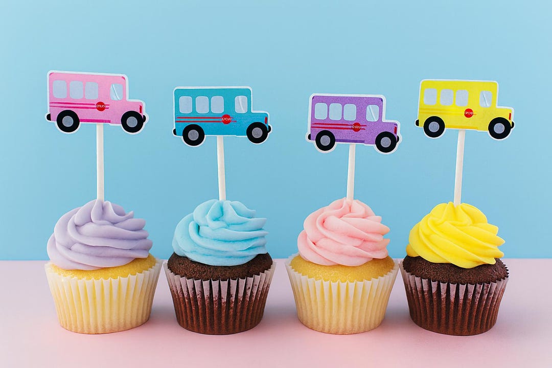 School Bus Cupcake Toppers, Pink School Bus, Blue School Bus, Cake ...