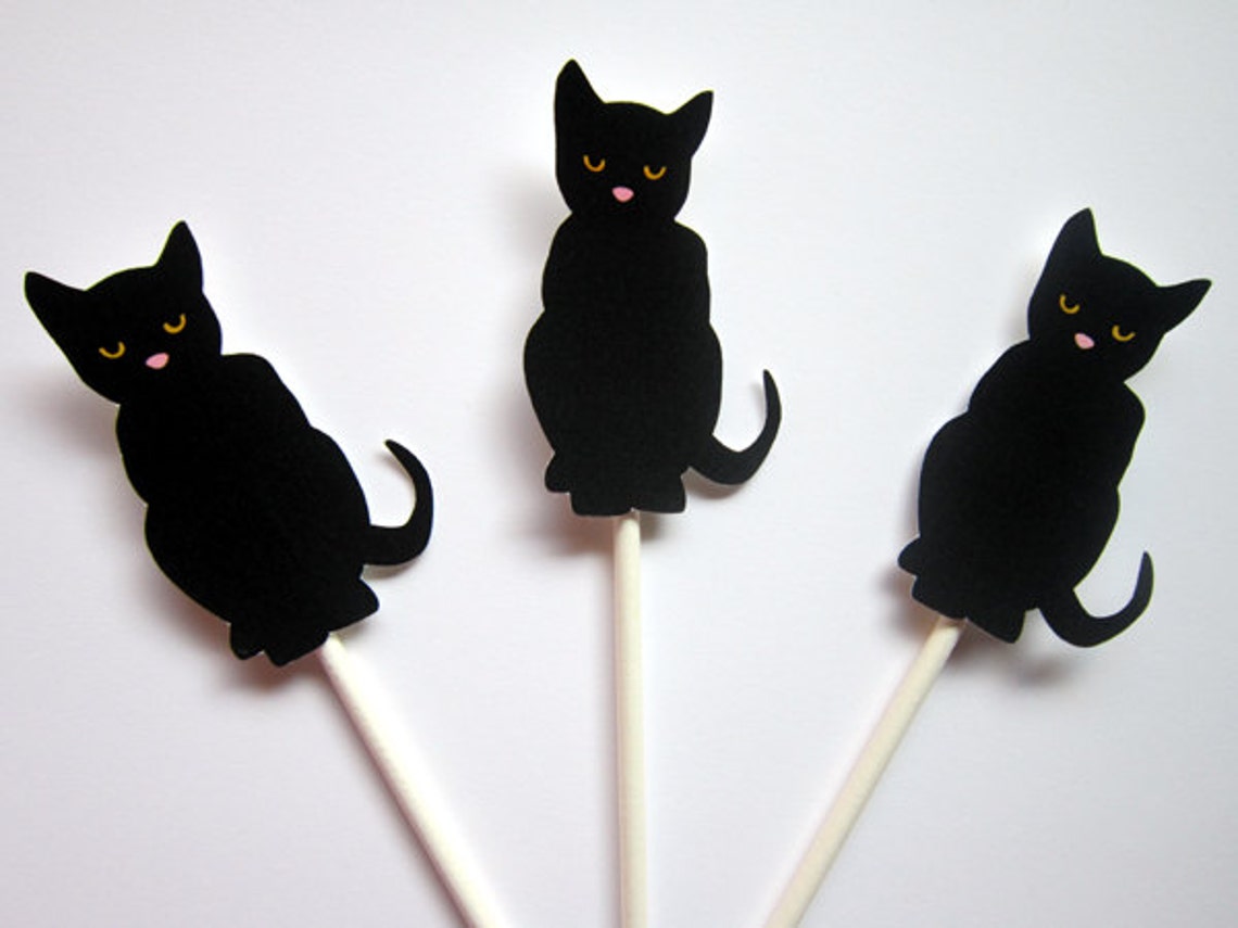 Black Cat Cupcake Toppers, Halloween Cupcake Toppers, Halloween Party ...