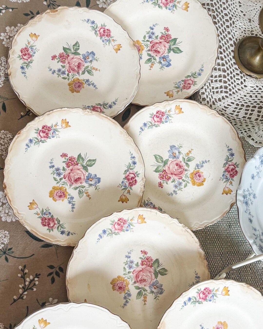 DISTRESSED Hazel Dinner Plates Shabby Chic Discolored Stained Crazed ...