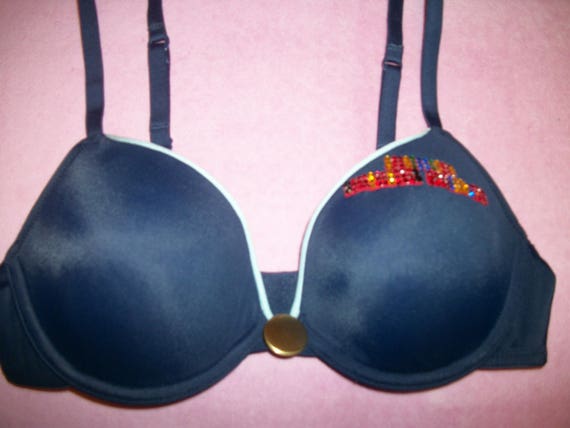 Retro 90s Navy MILITARY BRA Sequins RIBBONS, 28 B - Gem