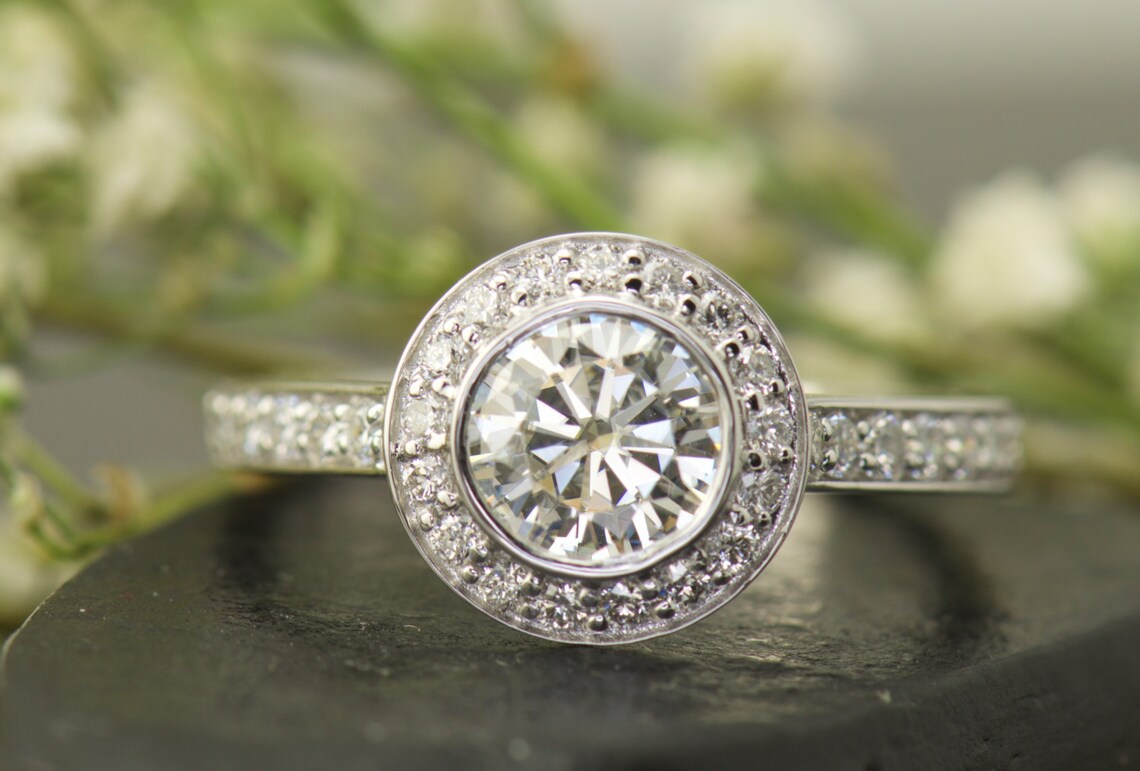 Round Bezel Set Halo Engagement Ring 6mm/0.75ct Forever One | Etsy