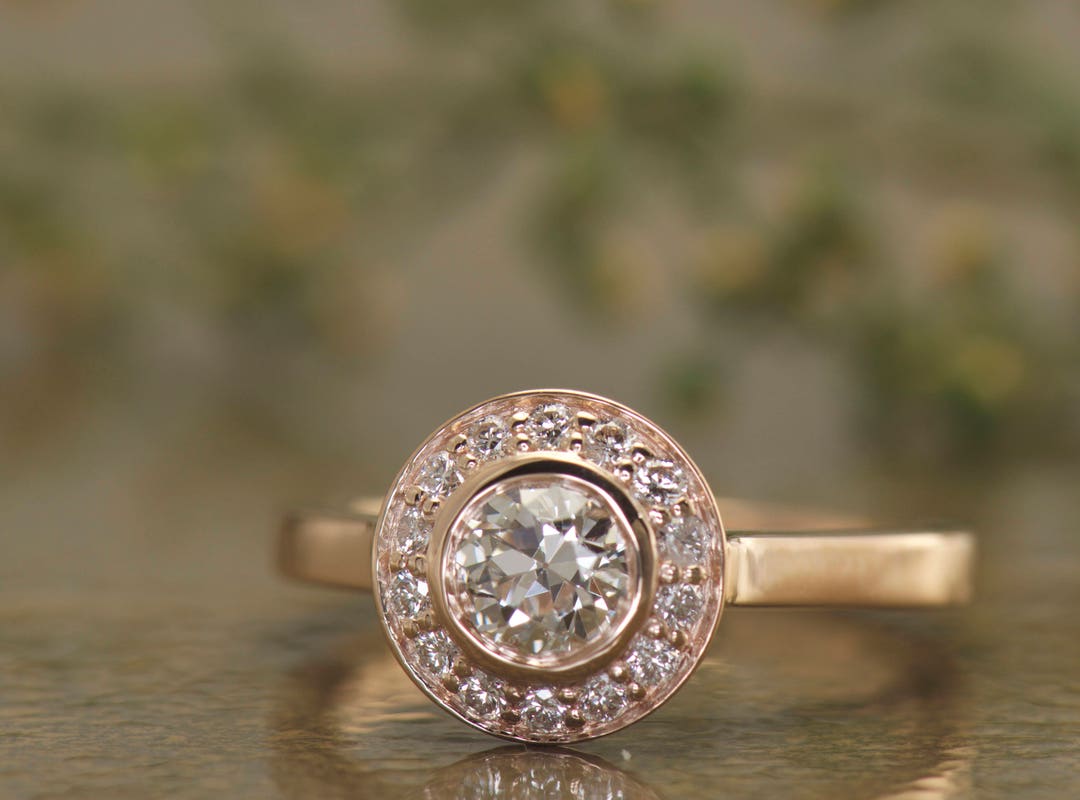 Bezel Set Diamond Halo Engagement Ring in Rose Gold 0.40ct - Etsy