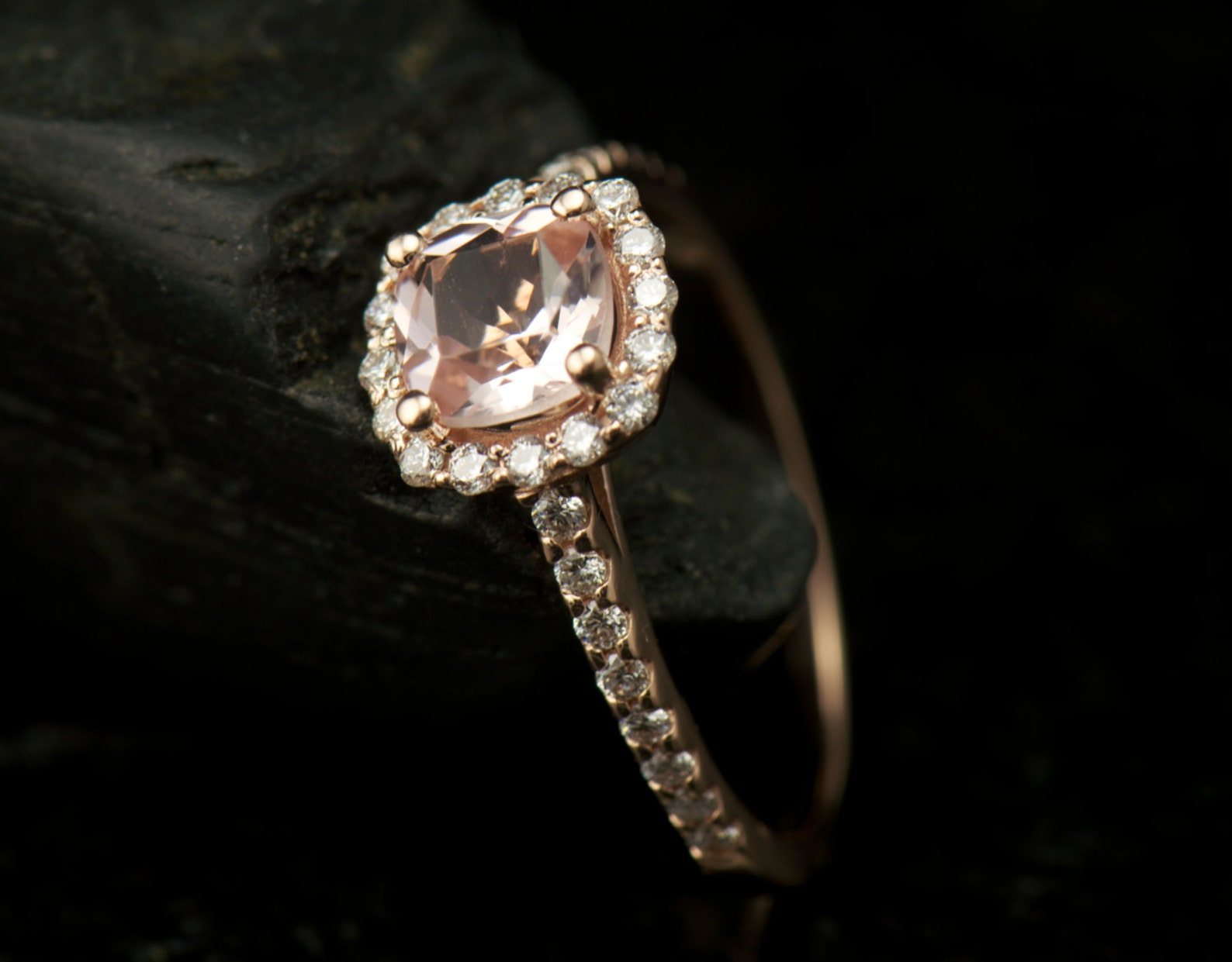 Cushion Cut Morganite and Diamond Halo Engagement Ring | Etsy