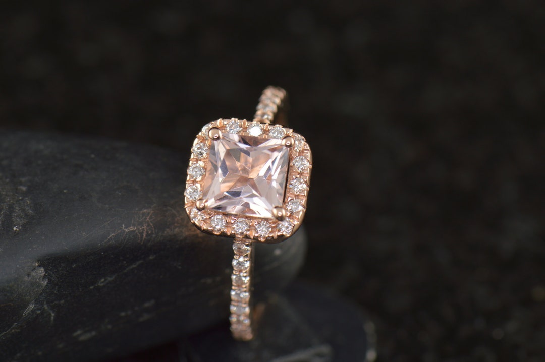 Princess Cut Halo Engagement Ring In 14k Rose Gold 1 00ct Etsy