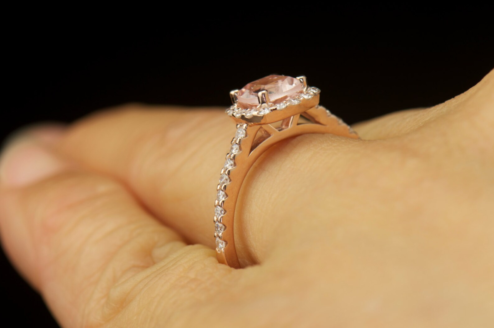 Cushion Cut Morganite and Diamond Halo Engagement Ring | Etsy