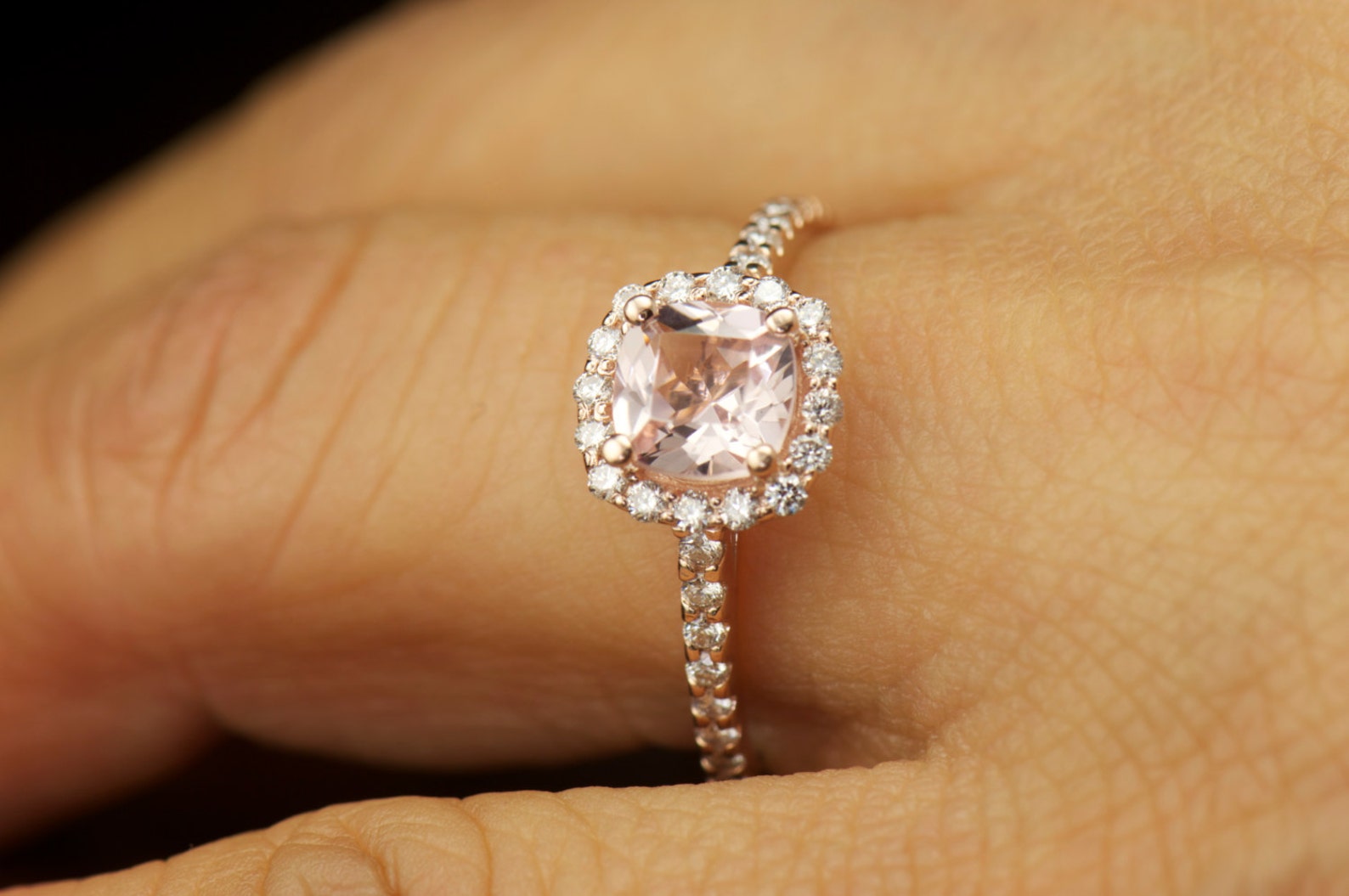 Cushion Cut Morganite and Diamond Halo Engagement Ring | Etsy