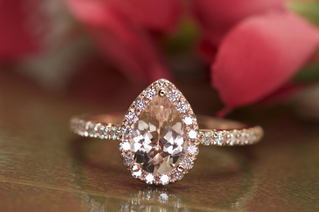 1ct Pear Halo Engagement Ring In 14k Rose Gold 9x6mm Pink Etsy