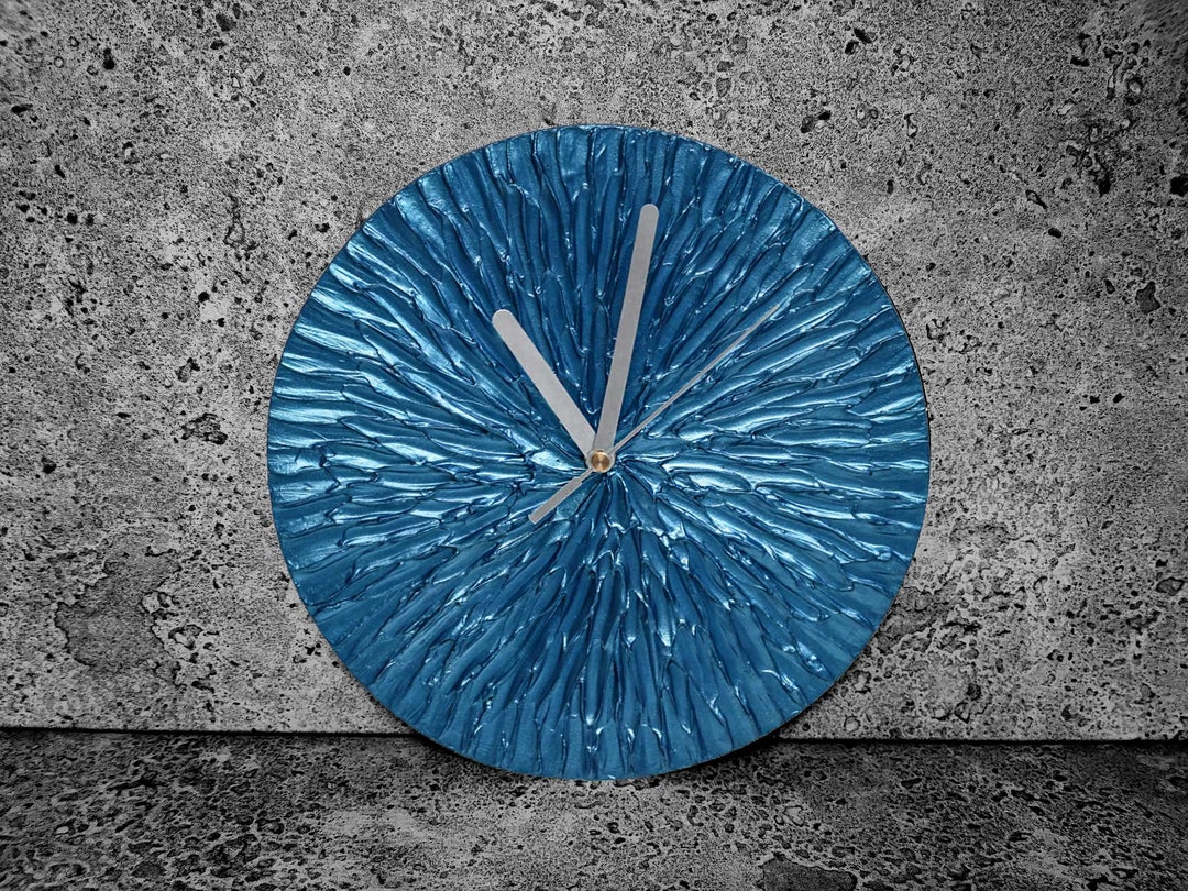 BLUE WALL CLOCK, Modern Metallic Blue and Silver Office Decor, Man Cave ...