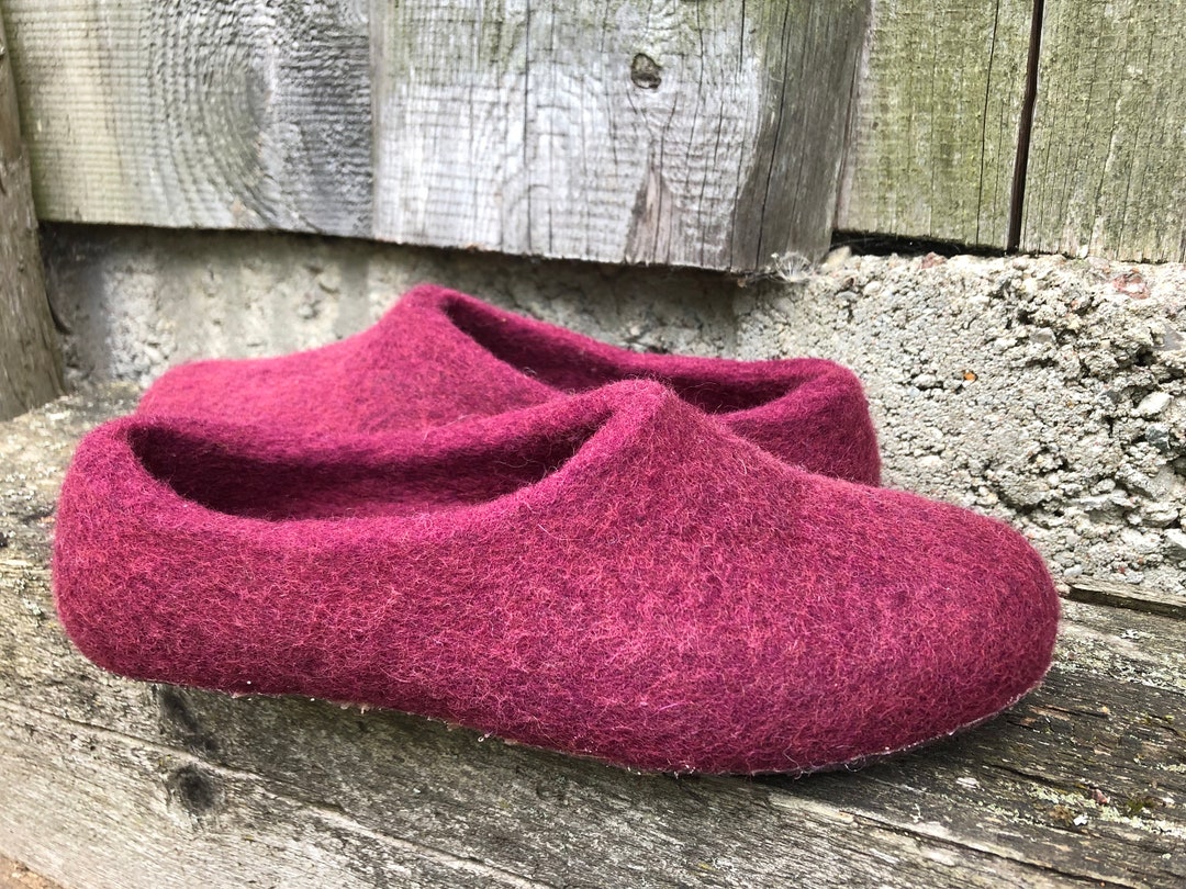 Dark Red Wool Felted Slippers for Woman, Warm Woolen Slippers, Red ...