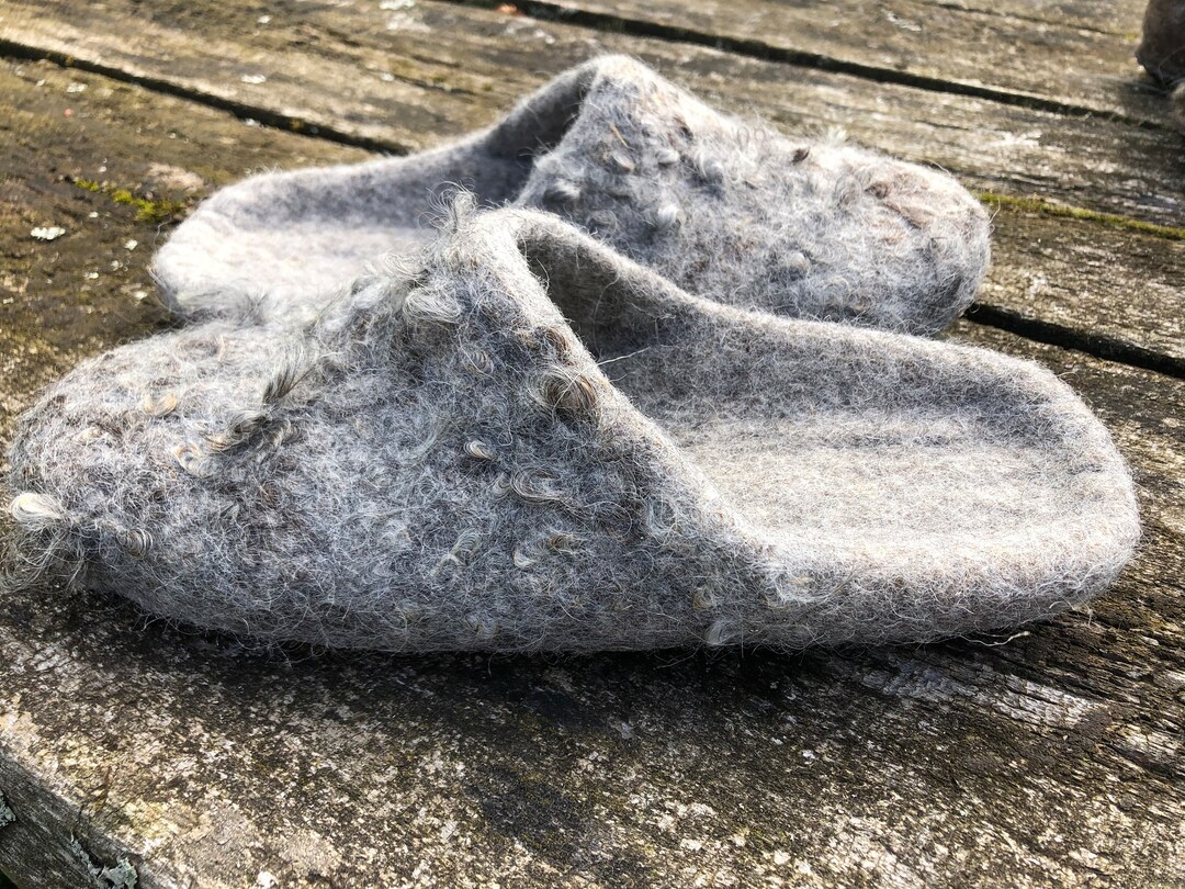 Gray Wool Felted Slide Slippers for Men, Organic Wool Slip on House ...