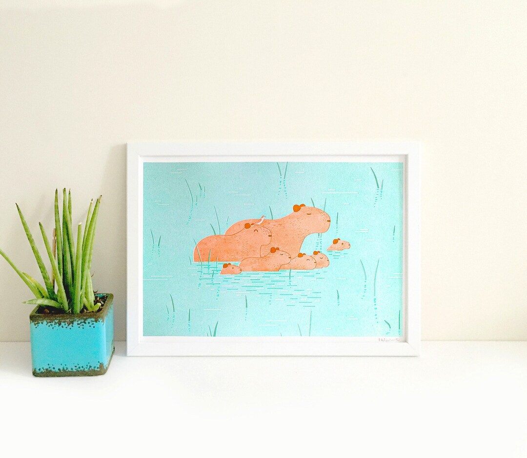 Capybaras Chillin' Risograph Print - Animal Illustration, Illustrated ...